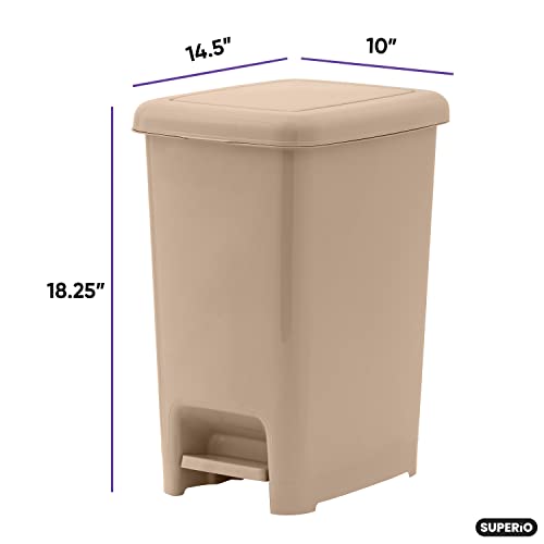 Superio Slim Step On Trash Can 6.5 Gallon, Beige Waste Bin with Foot Pedal Lid 26 Liter, Kitchen, Under Desk, Office, Bedroom, Bathroom