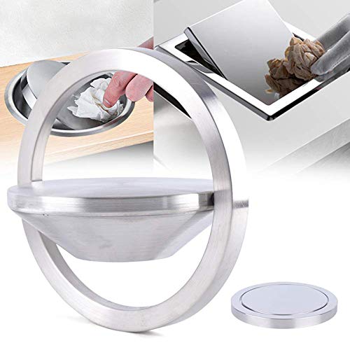 Pearlead Round Recessed Counter Top Cover Trash Bin Built-in Flap Garbage Can Kitchen Bench Stainless Steel(Silver)