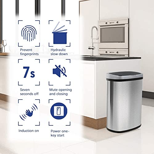 13 Gallon Stainless Steel Kitchen Trash Can with lid, Automatic Motion Sensor Garbage Trash Bin w/Toch-Free & Anti-Fingerprint Mute, for Home Office Bedroom, Powered by 4C Batteries (not Included)