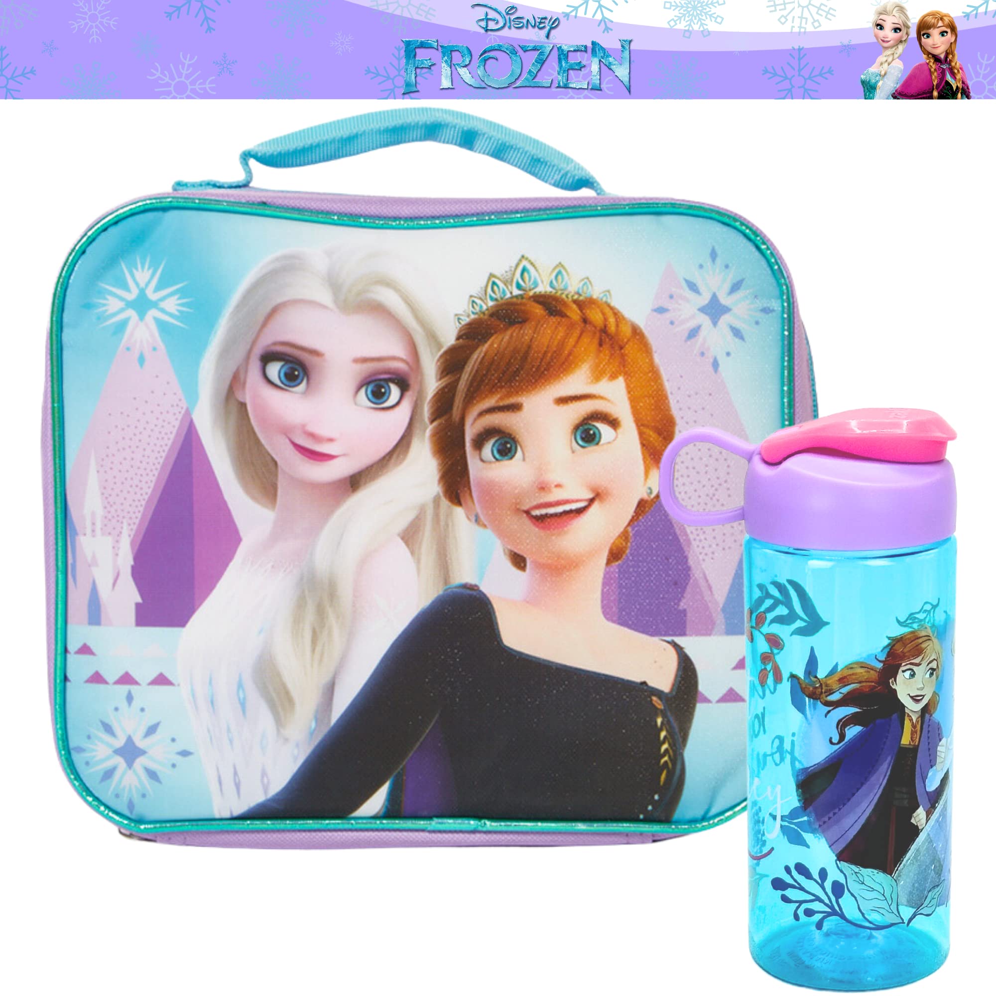 Disney Frozen 2 Lunch Box with Water Bottle Set- Kids Soft Insulated Lunch Bag for Girls and Boys