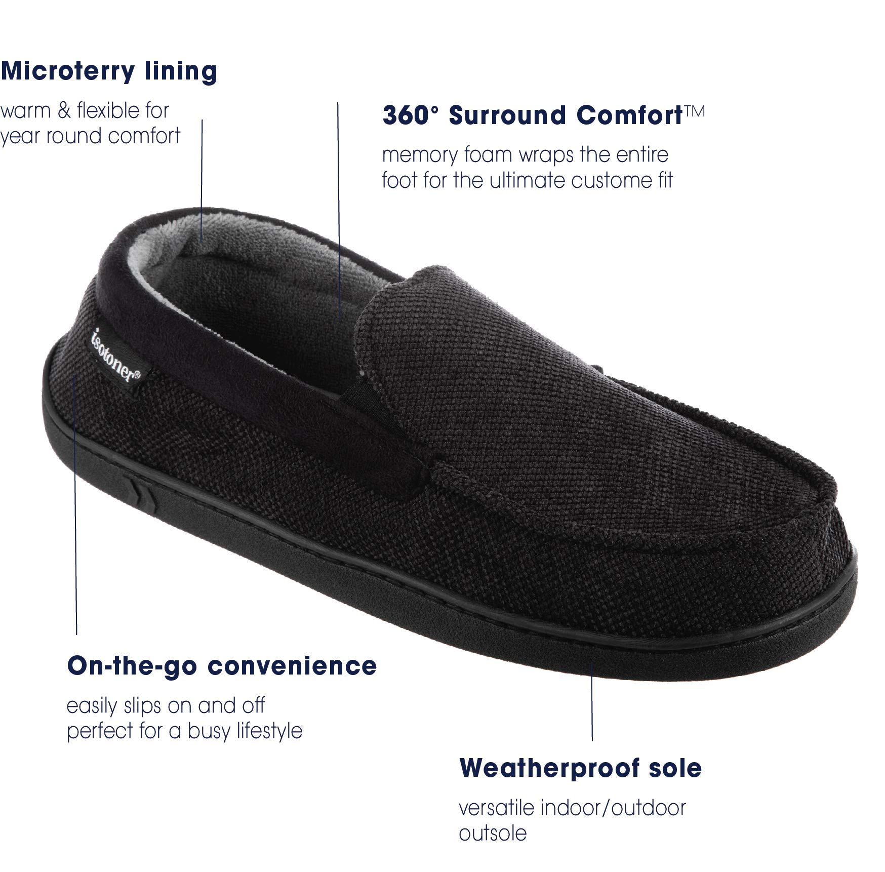 isotoner Men's Slipper, Diamond Corduroy Moccasin with Memory Foam and Skid Resistance for Indoor/Outdoor Comfort