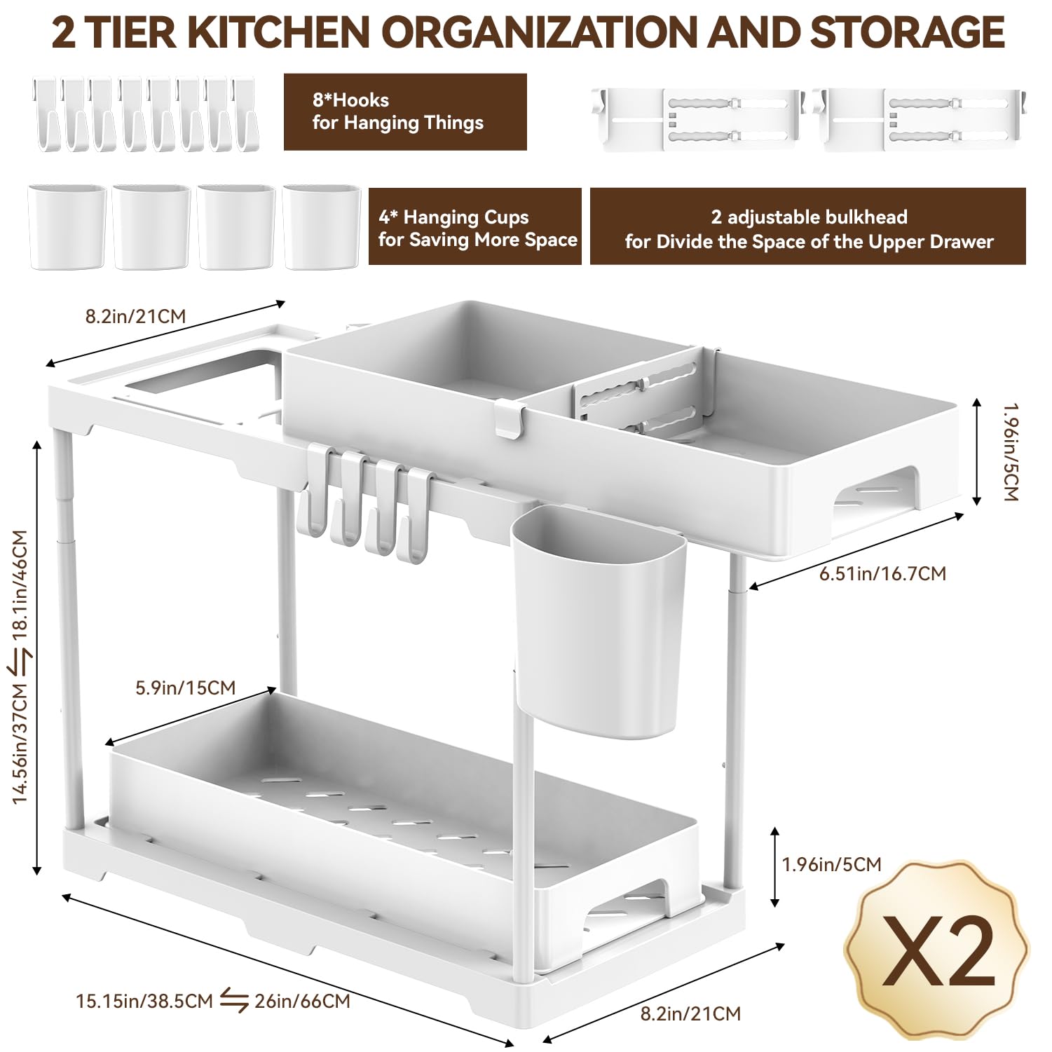GAOLINE 2 Pack 2 Tier Under Sink Organizers and Storage,Under Bathroom Cabinet Organizer with Hooks Hanging Cup, Double Sliding Drawers Cabinet Basket Organizer for Bathroom, Up to 14.5 inches, White