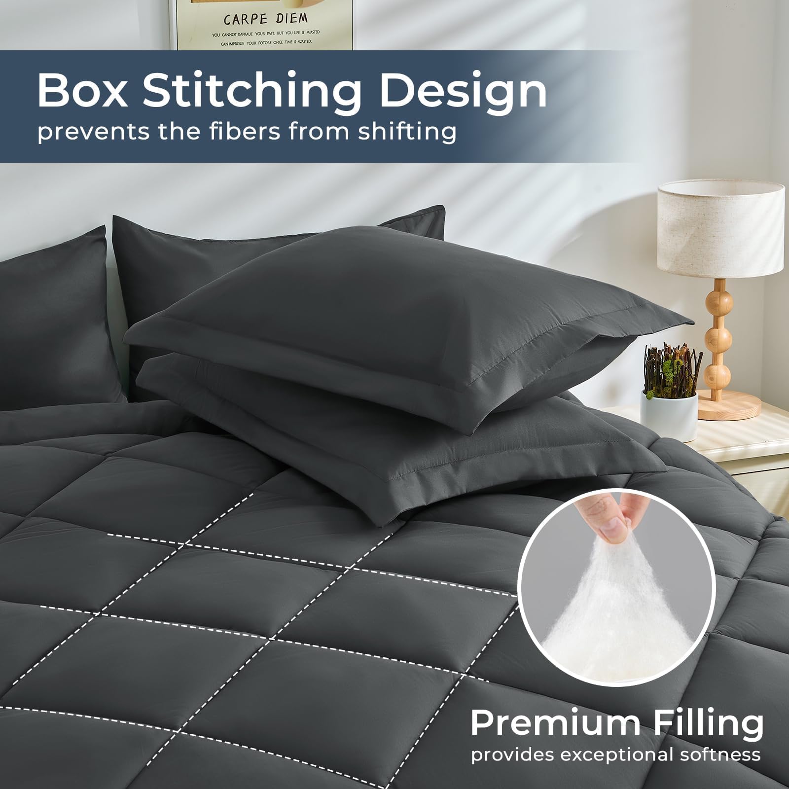 HEVUMYI Twin Comforter Set - 5-Piece All Season Bed in a Bag Twin, Ultra Soft Bedding Set with Comforter, Flat Sheet, Fitted Sheet, Pillowcases, Pillow Shams, Dark Grey