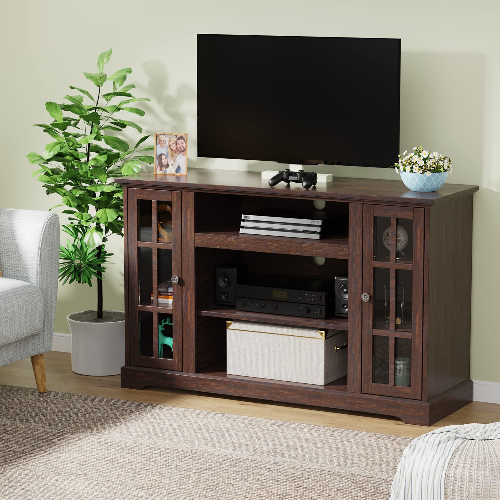 HolliWill 48" Glass Door TV Stand, Farmhouse TV Stand for 55 inch TV, Modern TV Console with Storage Cabinet, Small Entertainment Center and Ideal Media Storage for Living Room,Brown