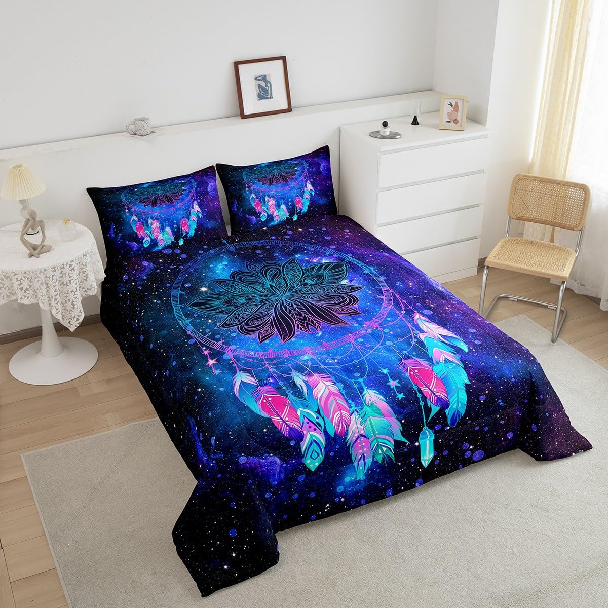 Castle Fairy Dream Catcher Comforter Set,Moon Star Galaxy Starry Sky Bedding Set Kids Teens Modern Decor,Bohemian Lotus Comforter with 1 Pillowcase for All Seasons,Twin