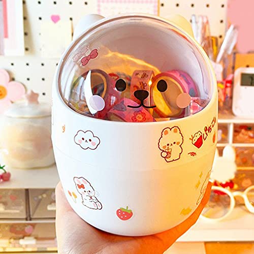 Desktop with Lid Trash Can Mini Kawaii Cute Bear Trash Bin Storage Box Girl Pen Holder Storage Bucket(Stickers Need to be Pasted by Yourself)