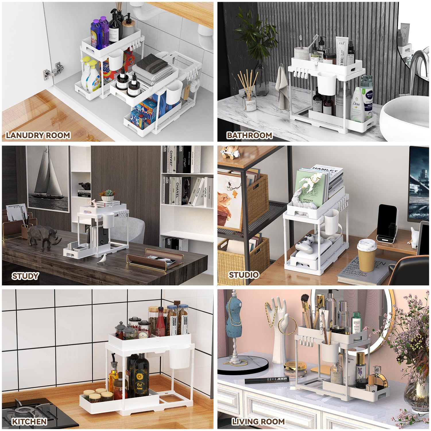 GAOLINE 2 Pack 2 Tier Under Sink Organizers and Storage,Under Bathroom Cabinet Organizer with Hooks Hanging Cup, Double Sliding Drawers Cabinet Basket Organizer for Bathroom, Up to 14.5 inches, White