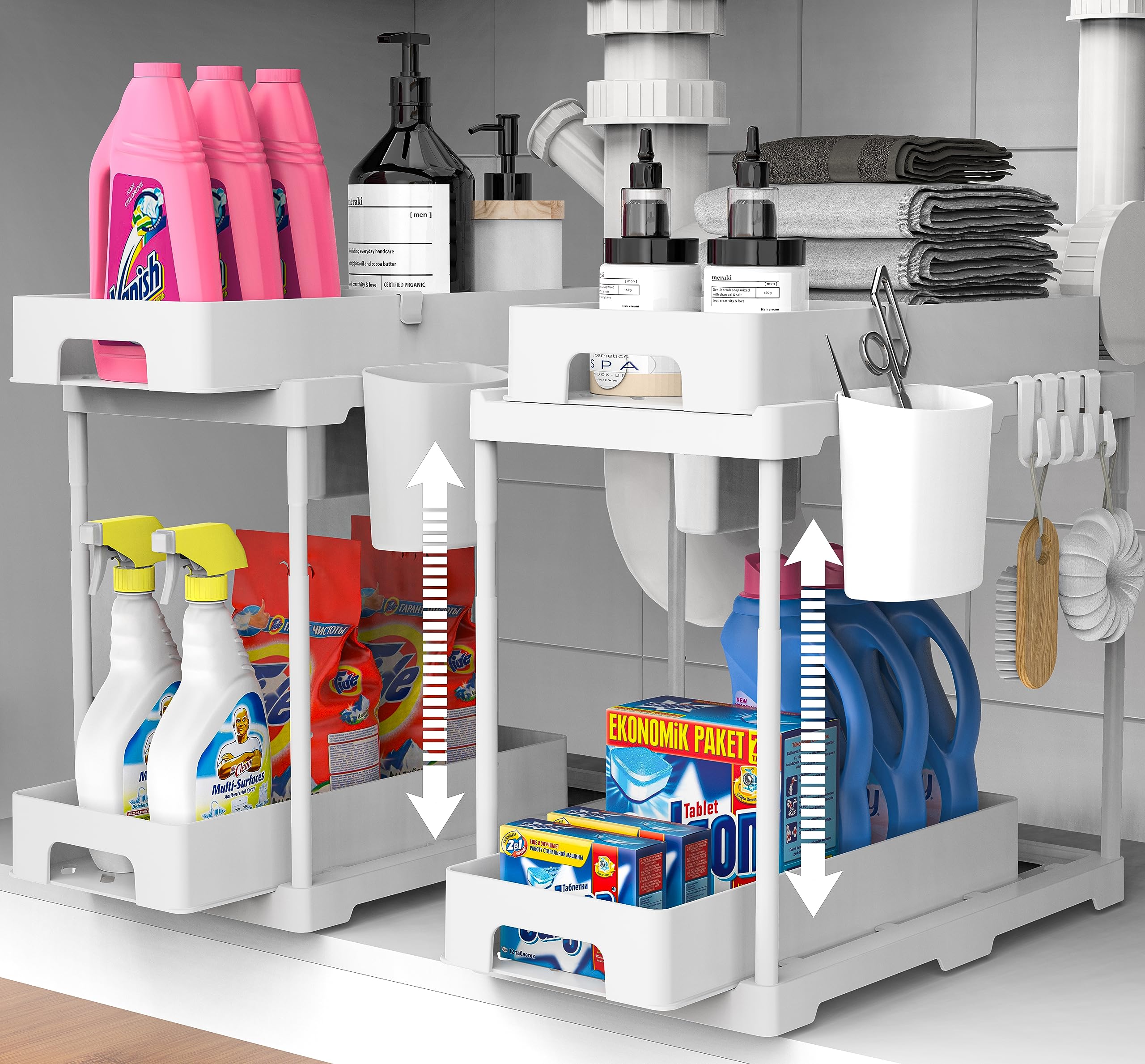 GAOLINE 2 Pack 2 Tier Under Sink Organizers and Storage,Under Bathroom Cabinet Organizer with Hooks Hanging Cup, Double Sliding Drawers Cabinet Basket Organizer for Bathroom, Up to 14.5 inches, White