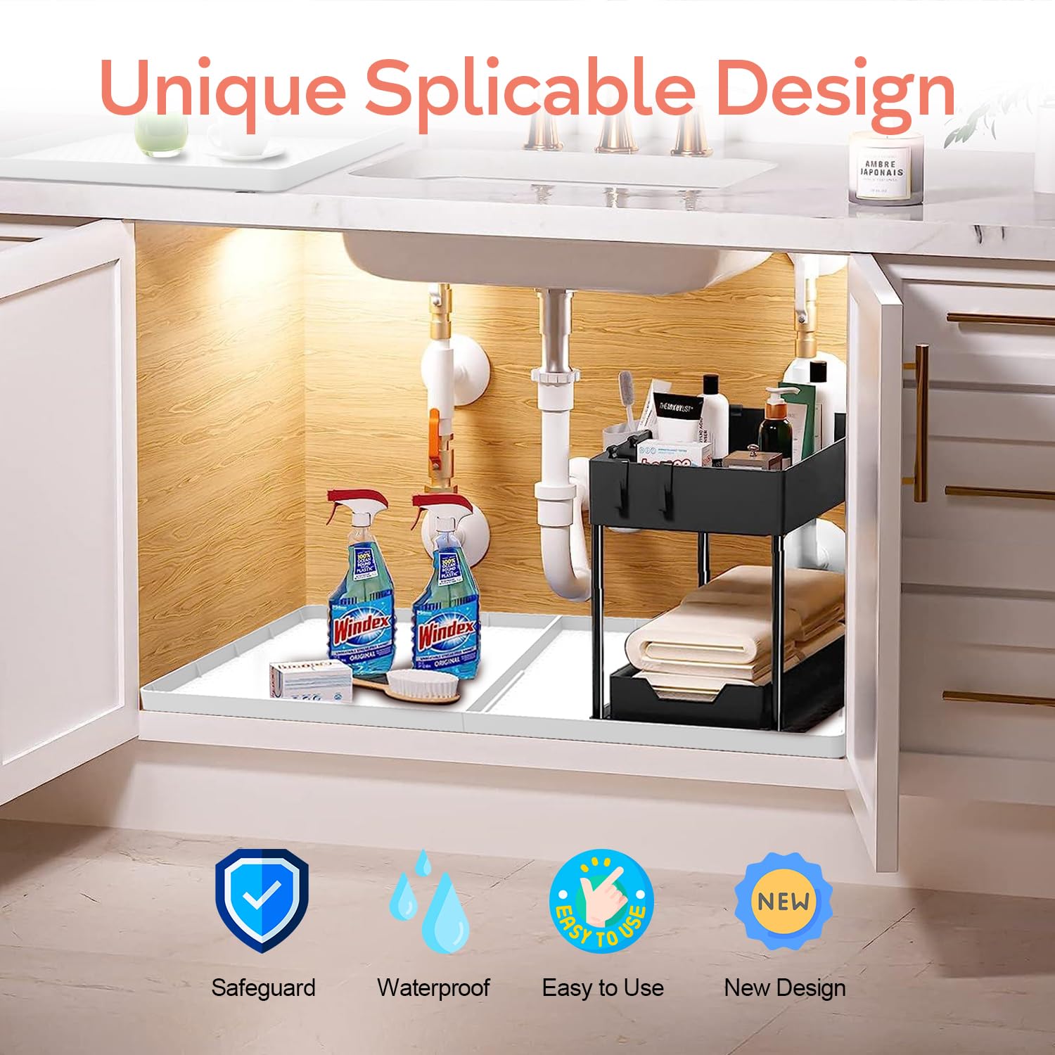 Sdpeia Under Sink Mat, Upgrade 2 PCS Set Interlocking Kitchen Bathroom Cabinet Mats Waterproof Silicone Undersink Tray Up to 3.8 Gallons 34 inx 22 in Splicable Mat (White)