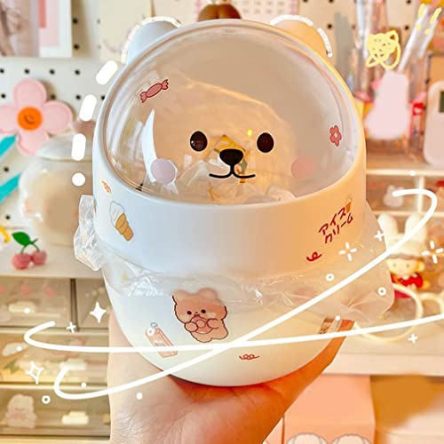 Desktop with Lid Trash Can Mini Kawaii Cute Bear Trash Bin Storage Box Girl Pen Holder Storage Bucket(Stickers Need to be Pasted by Yourself)