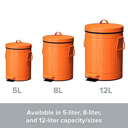 Retro Trash Can with Lid - 5L/1.3Gal Step Trash Can w/ Soft Closing Lid - Round Garbage Can w/ Handles - Touchless Trash Can w/ Removable Garbage Guard Bucket - Outdoor Garbage Can - Large Trash Bin, Orange