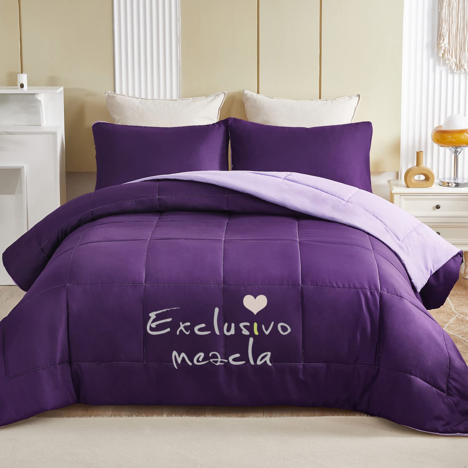 Exclusivo Mezcla Lightweight Reversible 2-Piece Comforter Set All Seasons, Down Alternative Comforter with 1 Pillow Sham, Twin Size, Deep Purple/Lilac