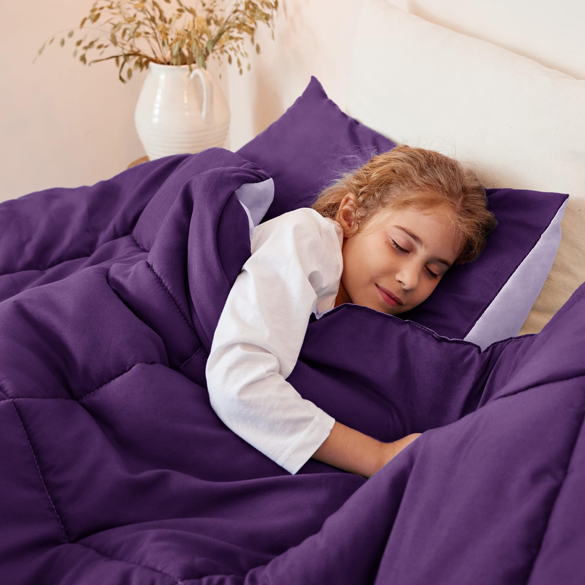 Exclusivo Mezcla Lightweight Reversible 2-Piece Comforter Set All Seasons, Down Alternative Comforter with 1 Pillow Sham, Twin Size, Deep Purple/Lilac
