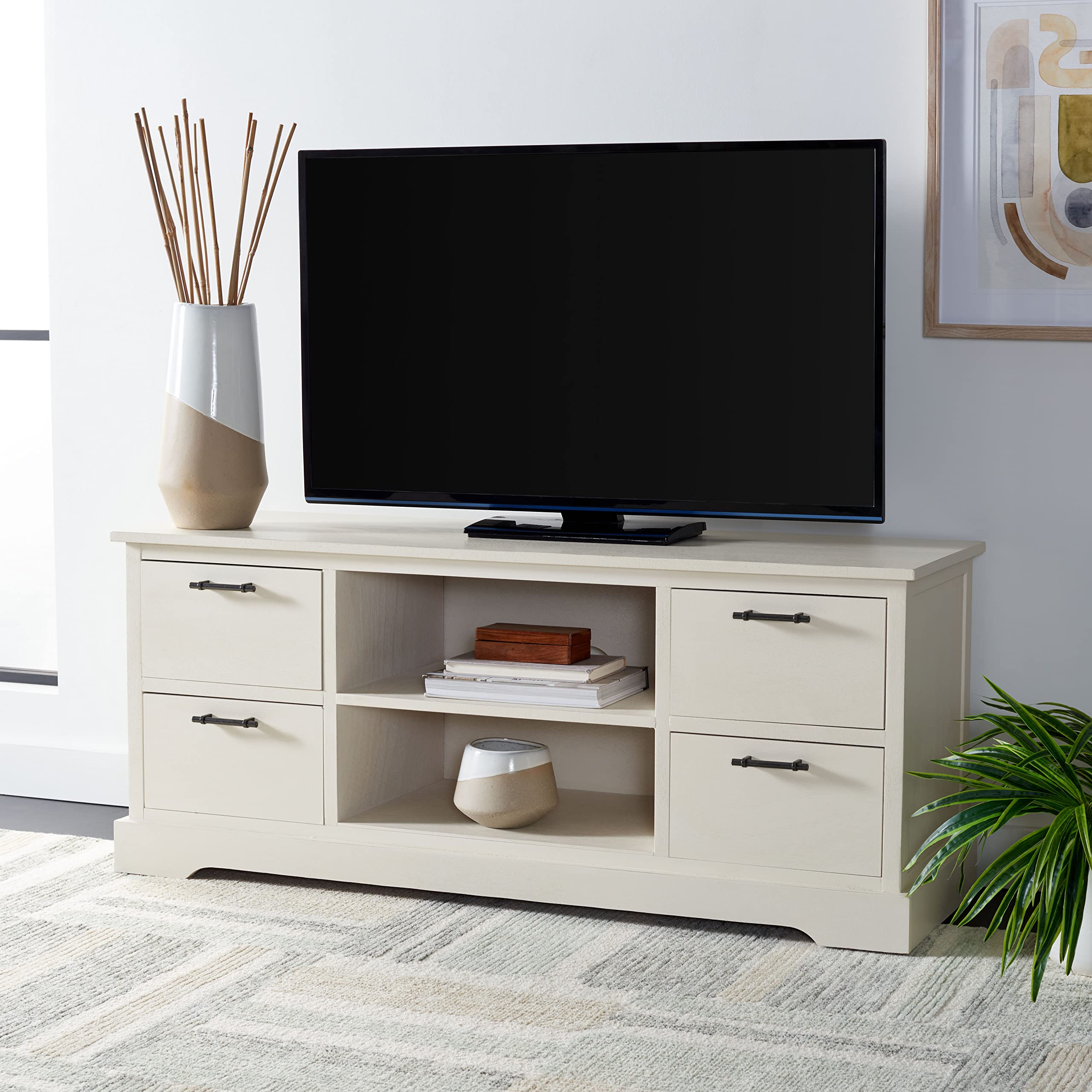 SAFAVIEH Home Collection Filbert Distressed White 4-Drawer Entertainment Stand up to 55" Flatscreen TV (Fully Assembled) Media Unit