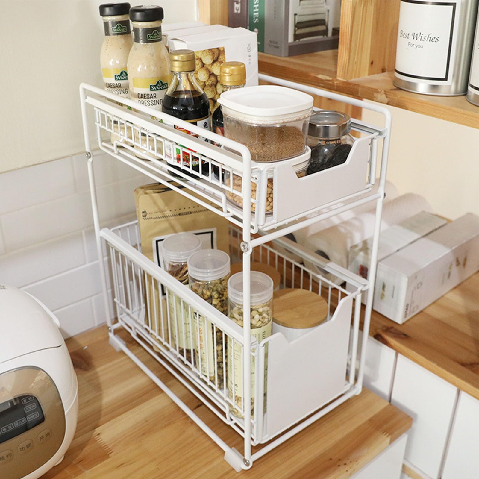 UVCMDUI Under Sink Organizer, Under Kitchen Sink Organizer, Kitchen Essentials Multi-Purpose Pull Out Cabinet Organizer for Kitchen Bathroom Storage Home Organization,White,L