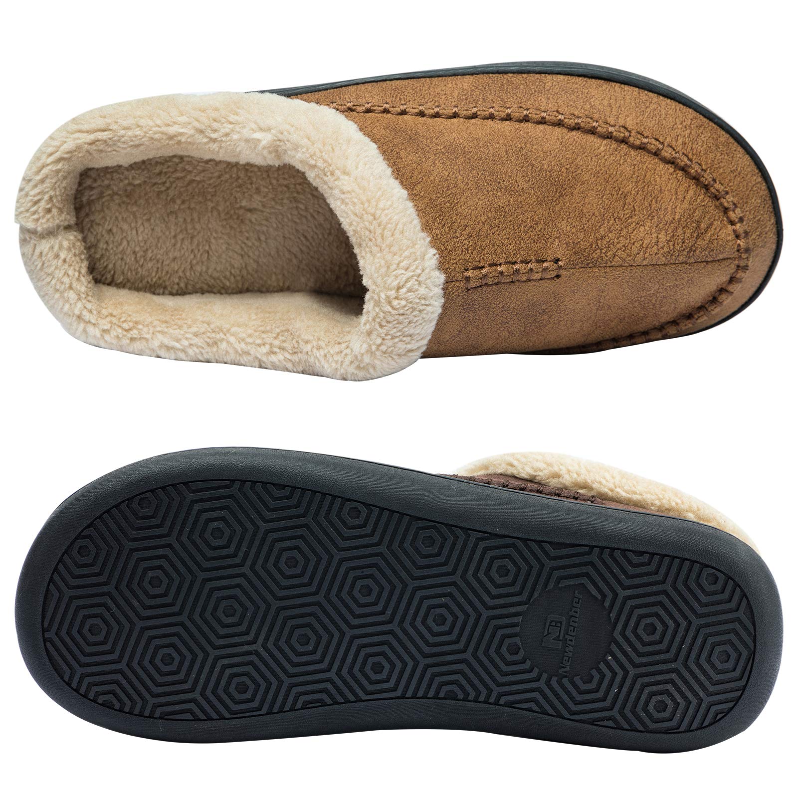 WOTTE Men's Moccasin Slippers Microsuede Fleece Fuzzy Lined Memory Foam House Shoes for Indoor Outdoor Size 9-10 Brown