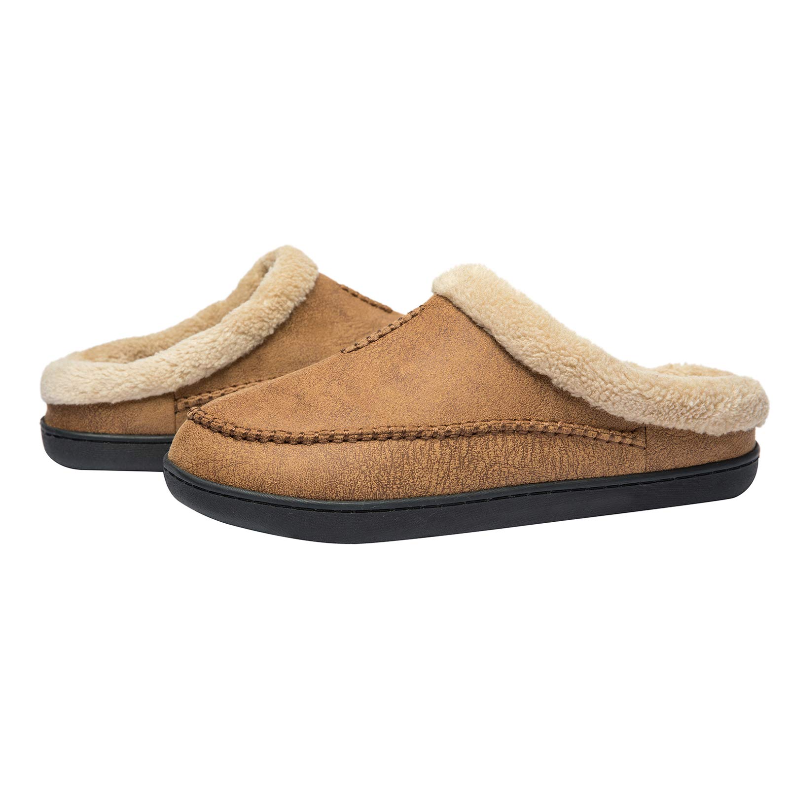 WOTTE Men's Moccasin Slippers Microsuede Fleece Fuzzy Lined Memory Foam House Shoes for Indoor Outdoor Size 9-10 Brown