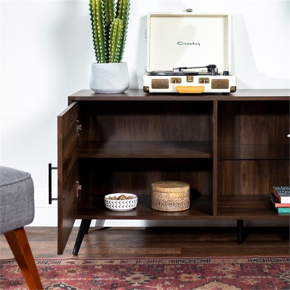 Walker Edison Saxon Modern Glass Shelf TV Stand for TVs up to 58 Inches, 52 Inch, Dark Walnut