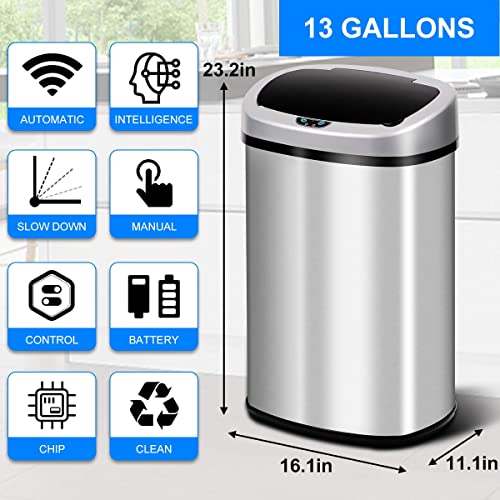 13 Gallon Kitchen Trash Can Touch Free Automatic Stainless Steel Trash Can Electronic Touchless Motion Sensor Automatic Trash Can with Lid Home Bathroom Office Restroom Brushed Large Dustbin,50L