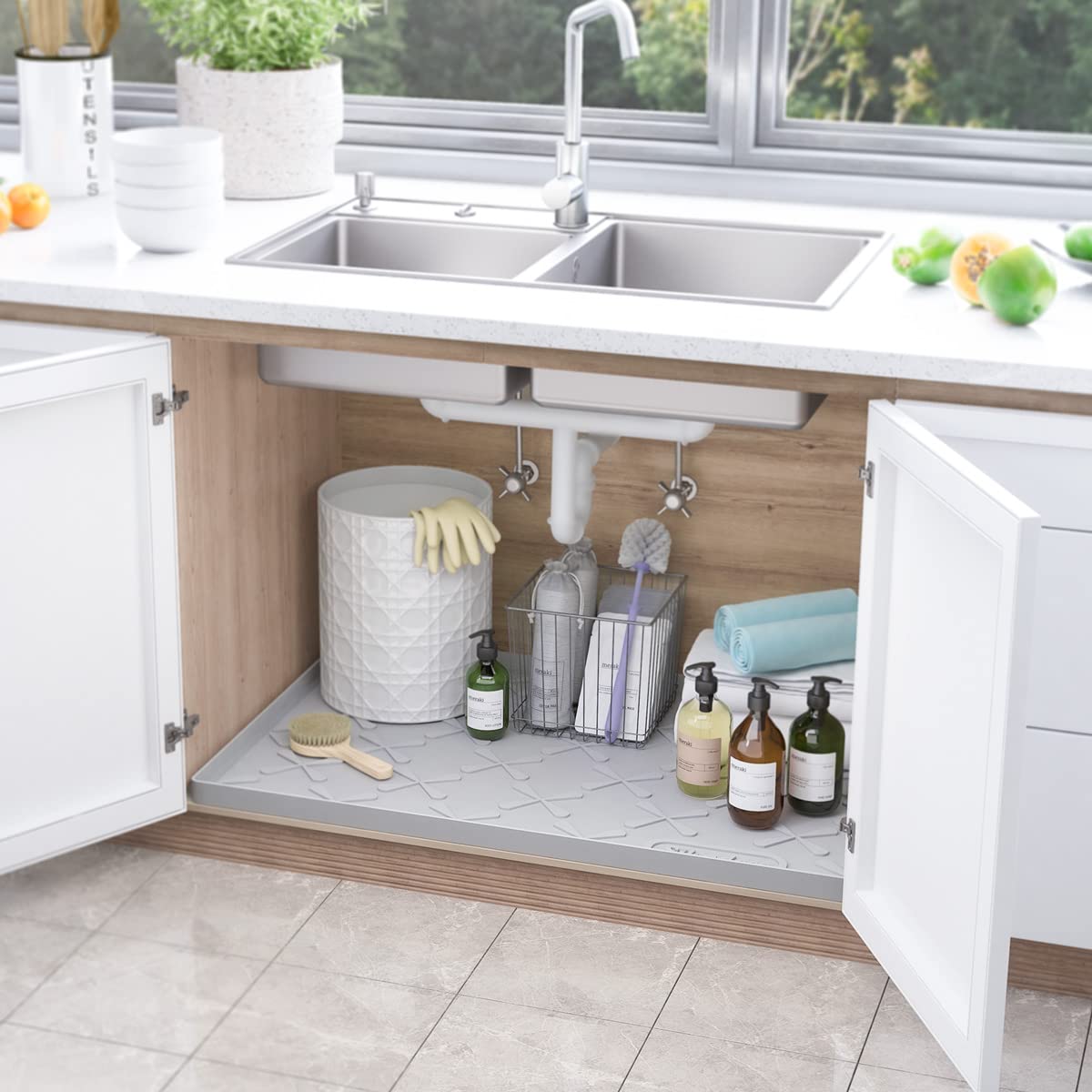 SIKADEER 31" x 22" Under Sink Protectors for Kitchen Sink Mat, Bathroom Tray Fridge Organizer, Dish Drying Mat Silicone Cabinet Liner with Raised Edg, Attractive Pattern, Leak-proof and splash-proof
