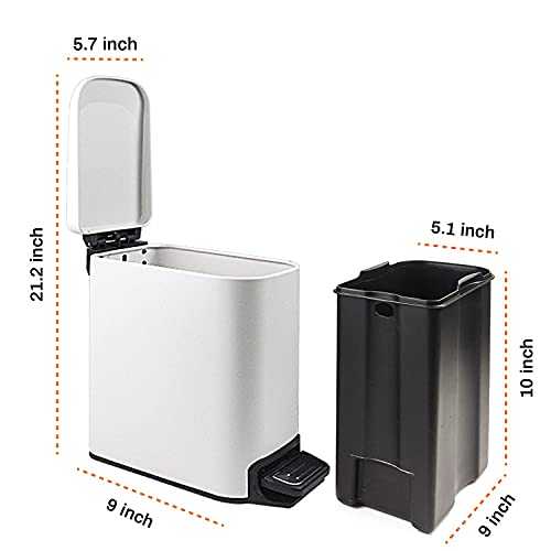 JACY&Co Small Bathroom Trash Can with Lid Soft Close, 6 Liter / 1.6 Gallon Stainless Steel Garbage Can with Removable Inner Wastebasket, Anti-Fingerprint Finish(White)