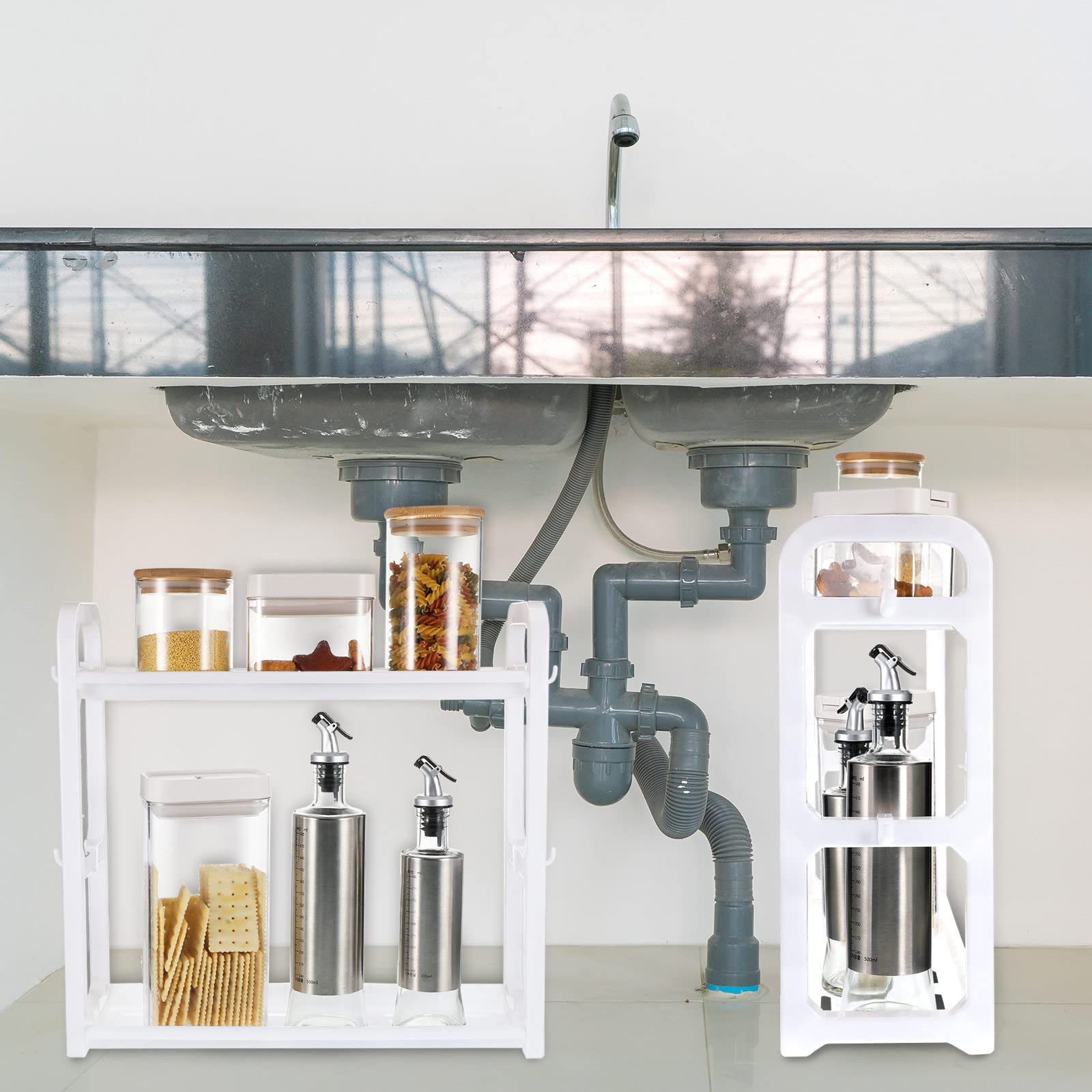 4 Pcs Under Sink Organizer and Storage 2 Tier Bathroom Cabinet Organizer Plastic Standing Rack Multi Purpose Kitchen Countertop Organizer Collection Baskets with Handle Hook for Cabinet Laundry, White