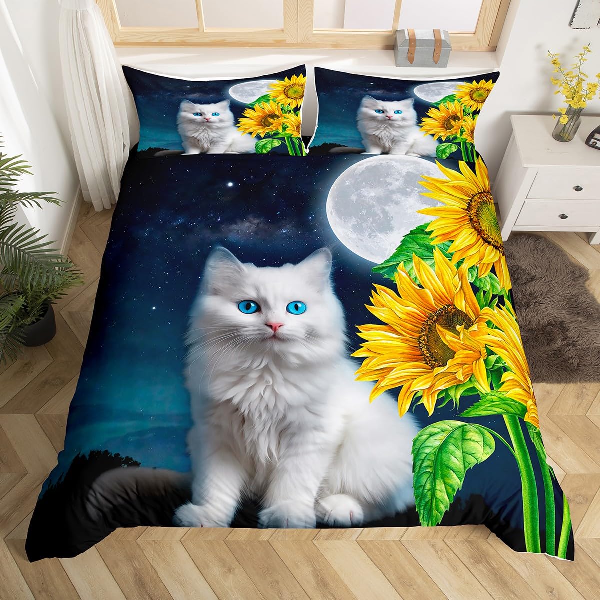 Cute Cat Duvet Cover Set Twin Size,Starry Sky Moon Night Comforter Cover Sunflower Bedding Set 2Pcs for Kids Girls Boys Woman Room Decor,Lovely Pet Animals and Plants Quilt Cover,1 Pillowcase