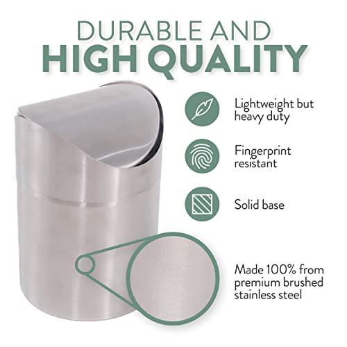 Estilo Mini Countertop Trash Can, Brushed Stainless Steel, Swing Top Lid Trash Bin 1.5 L / 0.40 Gallon, Silver Trash Can, Kitchen Countertop, Bedroom, Home Office, (EST0159)