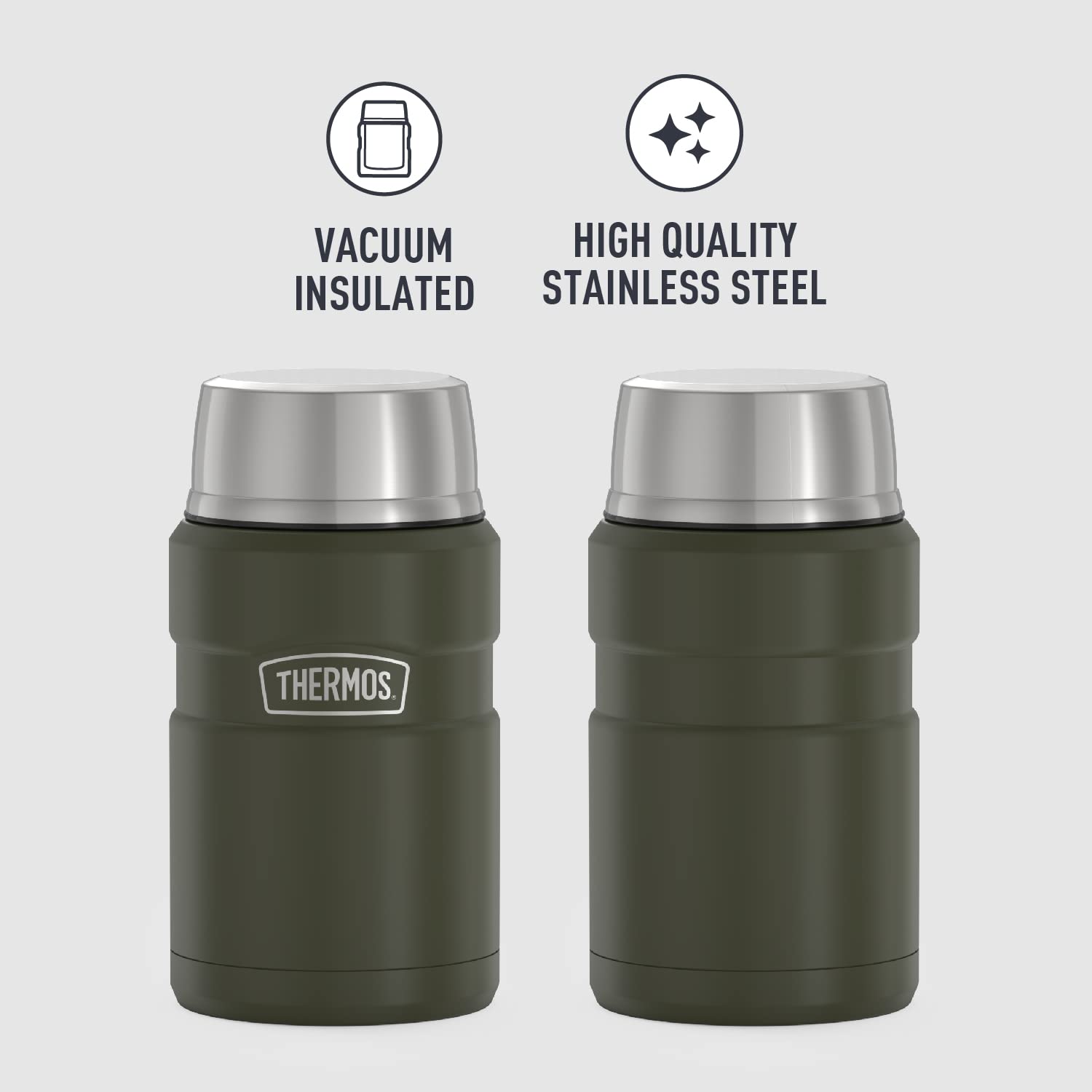 THERMOS Stainless King Vacuum-Insulated Food Jars, 16 Ounce and 24 Ounce, Matte Steel and Army Green