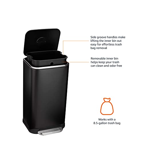 Amazon Basics 32 Liter / 8.5 Gallon Soft-Close Metal Trash Can with Liner and Foot Pedal - Black