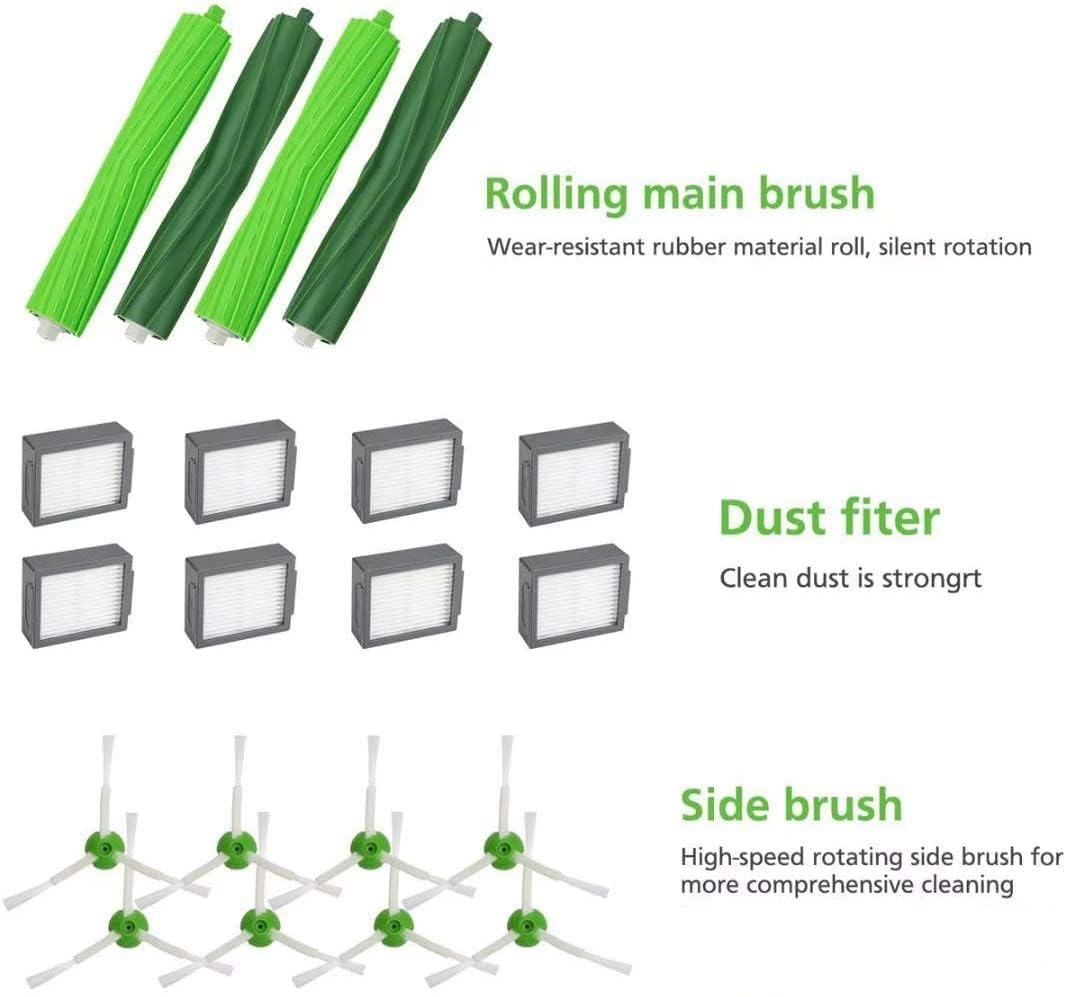 MZY LLC Replacement Parts for iRobot Roomba i7 i7+ i2 i3 i3+ i4 i4+ i6 i6+ i8 i8+/Plus j7 j7+ E5 E6 E7, I, E & J Series Vacuum Cleaner, 2 Set Rubber Brushes, 8 HEPA Filters and 8 Side Brushes