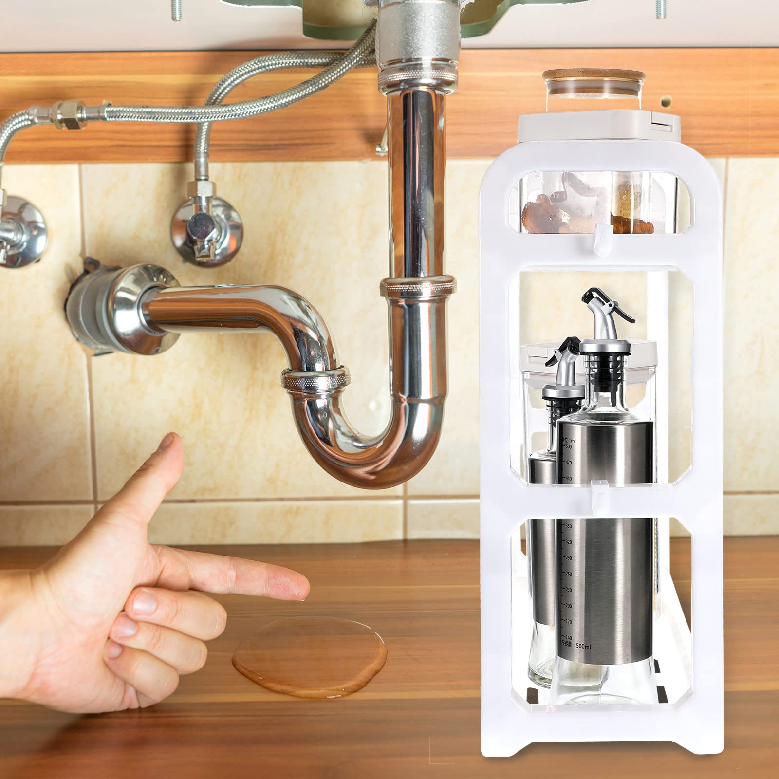 4 Pcs Under Sink Organizer and Storage 2 Tier Bathroom Cabinet Organizer Plastic Standing Rack Multi Purpose Kitchen Countertop Organizer Collection Baskets with Handle Hook for Cabinet Laundry, White