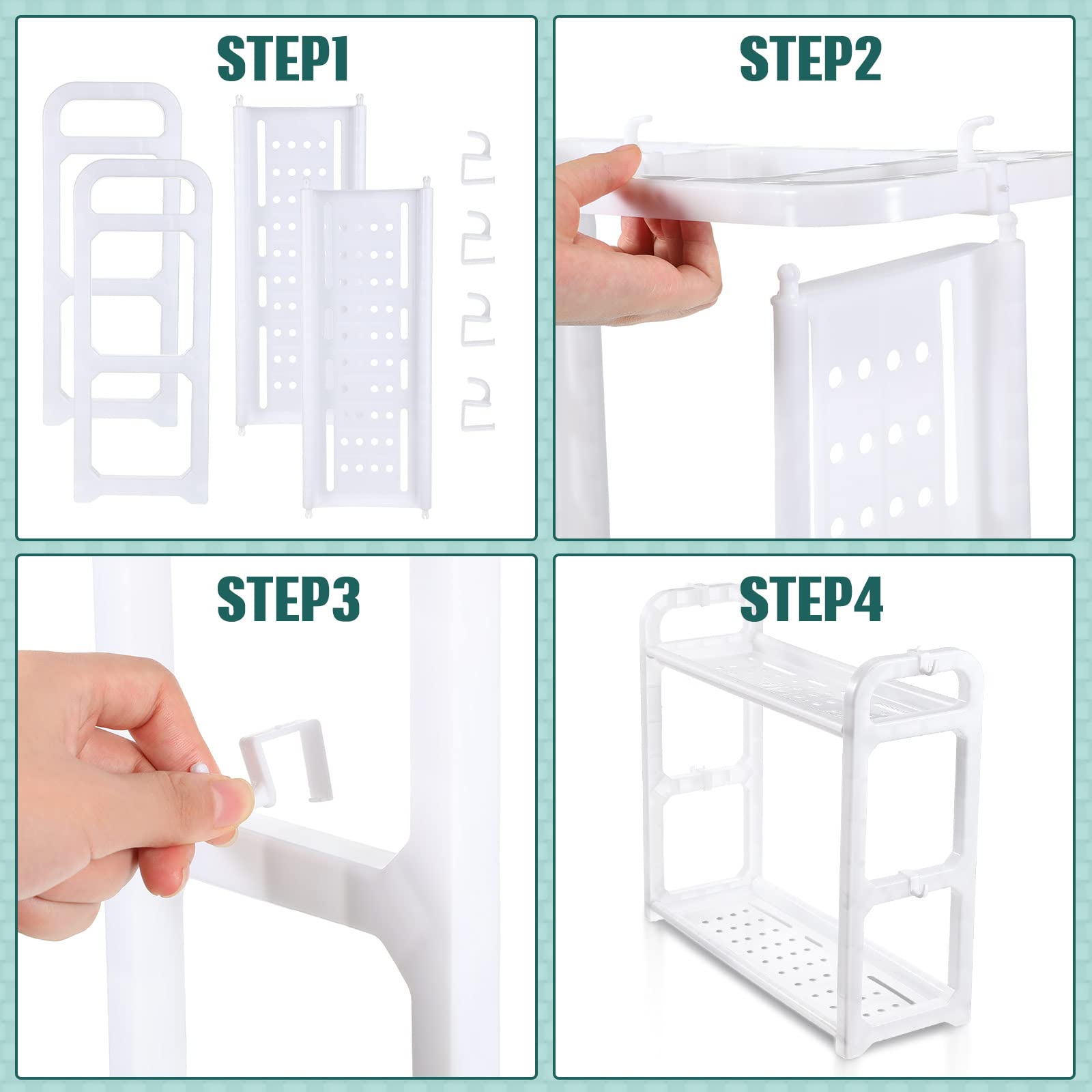 4 Pcs Under Sink Organizer and Storage 2 Tier Bathroom Cabinet Organizer Plastic Standing Rack Multi Purpose Kitchen Countertop Organizer Collection Baskets with Handle Hook for Cabinet Laundry, White