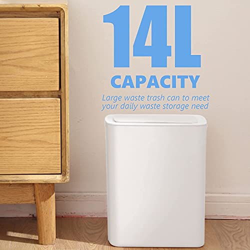 Touchless Trash Can with Lids, 14L Wastebasket Plastic Recycling Bin, Automatic Motion Sensor Kitchen Garbage Can, 3.7 Gallon Small Waste Container Bin for Home, Office, Bathroom, Living Room (White)