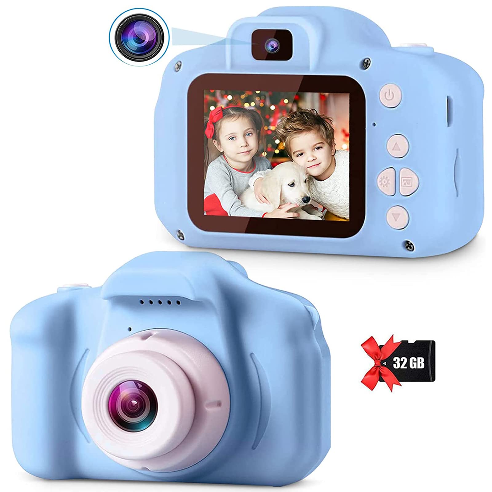 Kids Camera Toys Gifts for Boys Girls, Selfie Children Digital Video Shockproof Camcorder with Front Rear Dual-Lens, Best Christmas Birthday Gift for Kids, 32GB SD Card Included, Blue