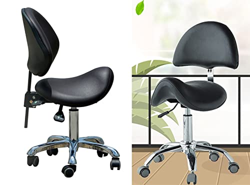 MIWOOYY Saddle Stool Heavy Duty Saddle Stool with Back Support & Wheels, Massage Clinic Dentist Rolling Saddle Chair, for Salons, Tattoo, Height Adjustable