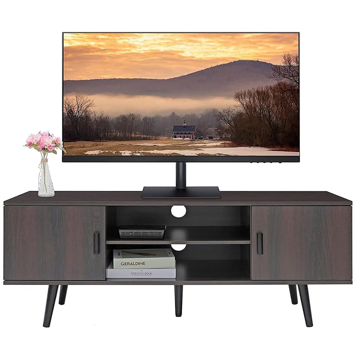 Iwell TV Stand for 55 inch TV, Mid Century Modern TV Stand with Storage, Entertainment Center with 2 Cabinet & 2 Shelves, Retro TV Console Table for Living Room, Bedroom, Black Oak