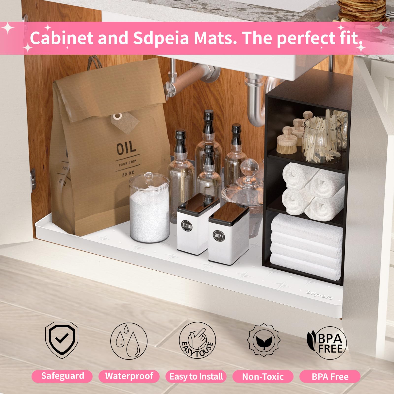 Sdpeia Under Sink Mat for [28" x 22"] Cabinet, Upgraded Silicone Waterproof Mat Kitchen Cabinet Liner Cabinet Protector Kitchen Organizers and Storage