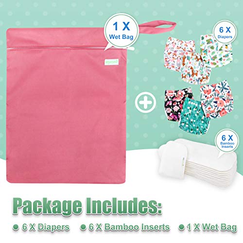 wegreeco Washable Reusable Baby Cloth Pocket Diapers 6 Pack + 6 Bamboo Inserts (with 1 Wet Bag, Flower)