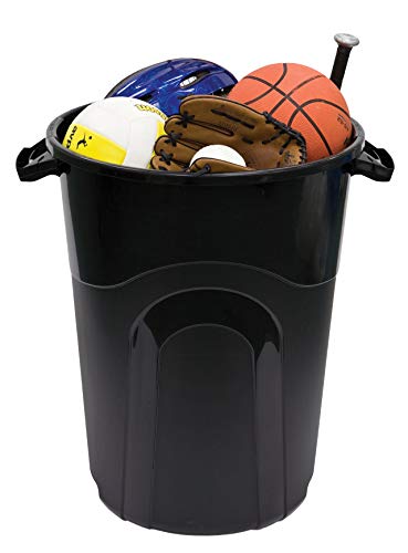 United Solutions TI0065 32 Gallon Outdoor Waste Garbage Bin, 6 Pack, Easy to Carry Pass-Through Handles & Attachable Click Lock Lid, Black, 6-Pack