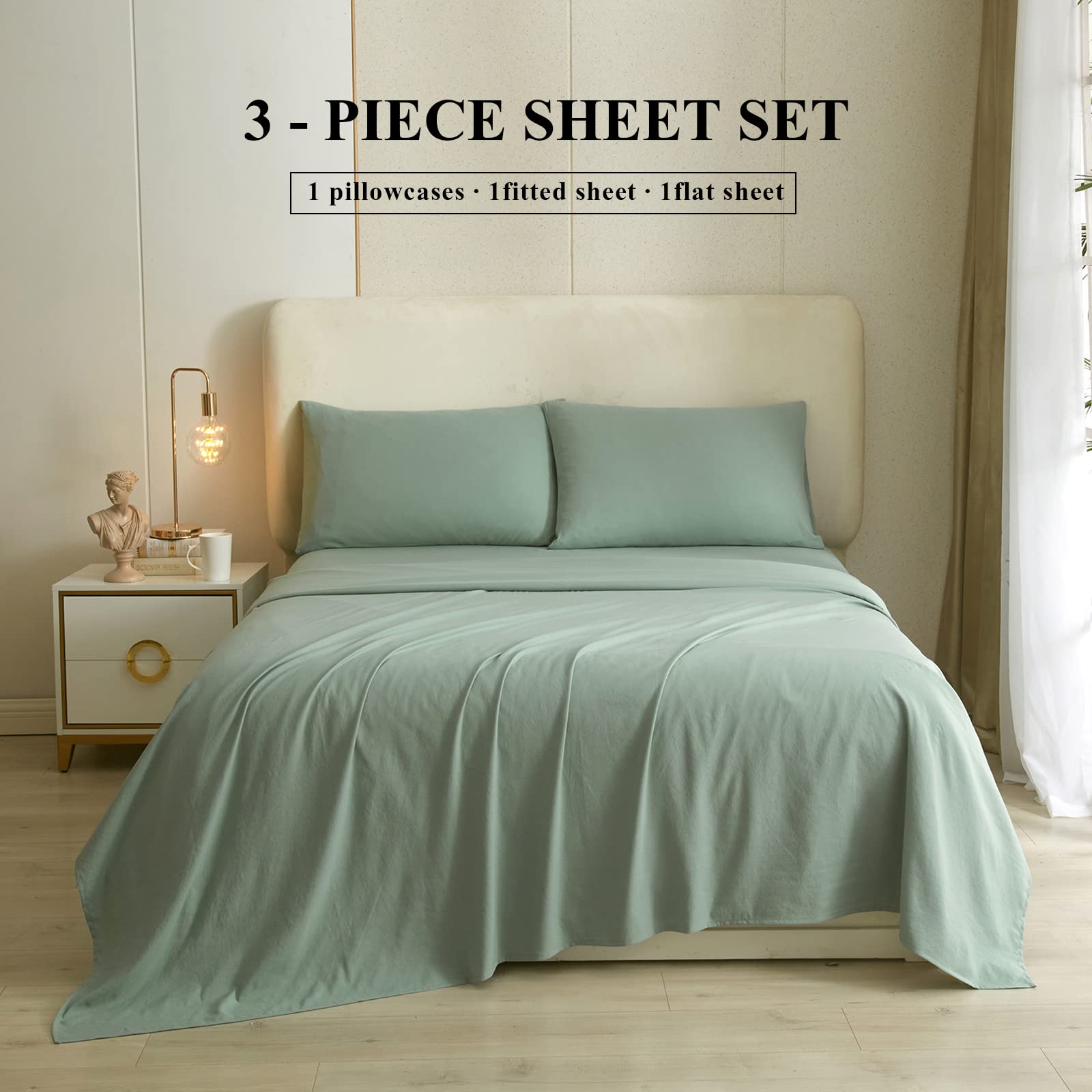 HighBuy Twin Bed Sheets Set - 3 Piece Bedding - Sage Green Washed Microfiber Sheets Twin,Breathale Sheets Shrinkage and Fade Resistant - Deep Pocket 16 Inch - Easy Fit Fitted Sheet,Pillowcases Set
