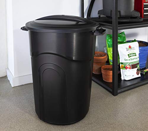 United Solutions TI0065 32 Gallon Outdoor Waste Garbage Bin, 6 Pack, Easy to Carry Pass-Through Handles & Attachable Click Lock Lid, Black, 6-Pack