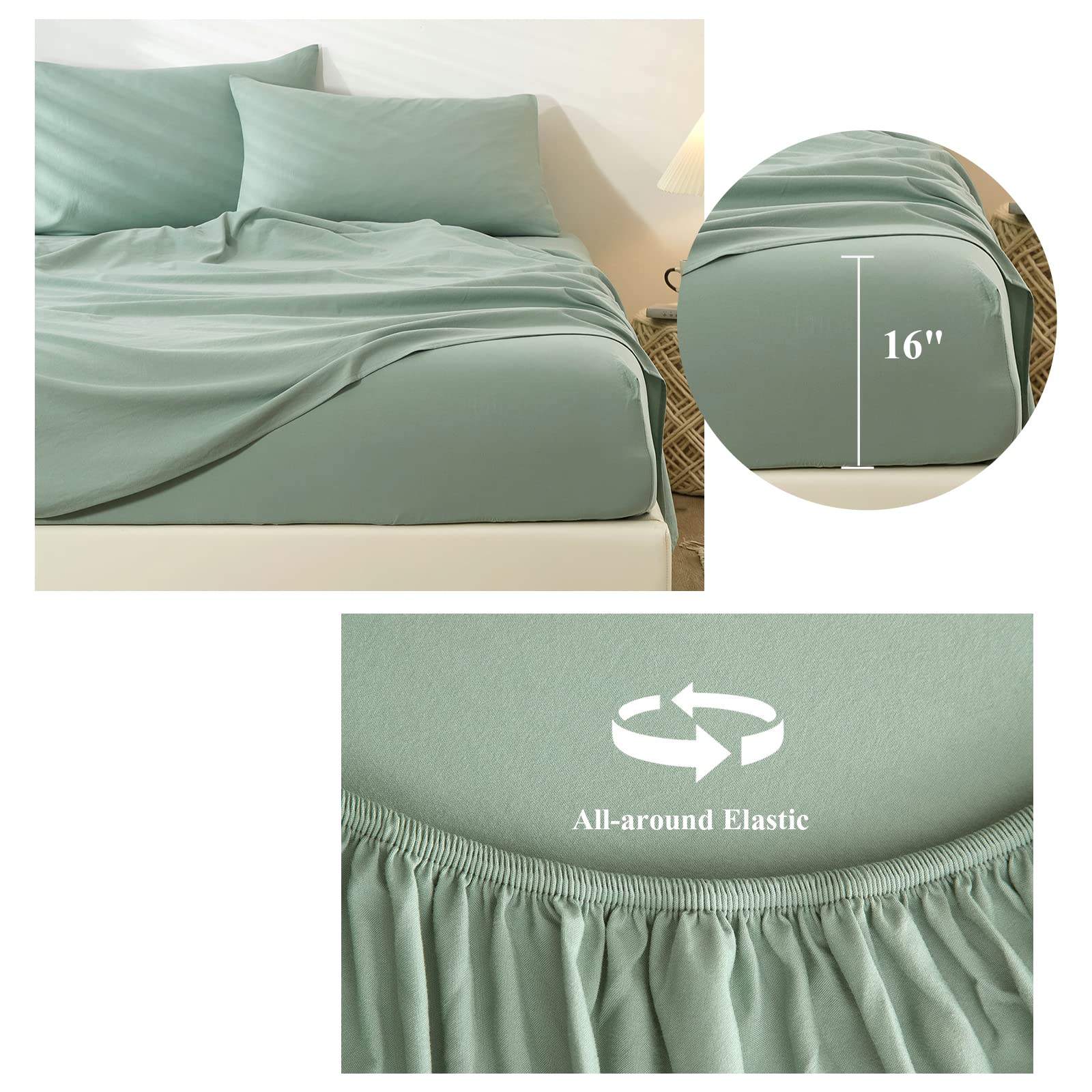 HighBuy Twin Bed Sheets Set - 3 Piece Bedding - Sage Green Washed Microfiber Sheets Twin,Breathale Sheets Shrinkage and Fade Resistant - Deep Pocket 16 Inch - Easy Fit Fitted Sheet,Pillowcases Set