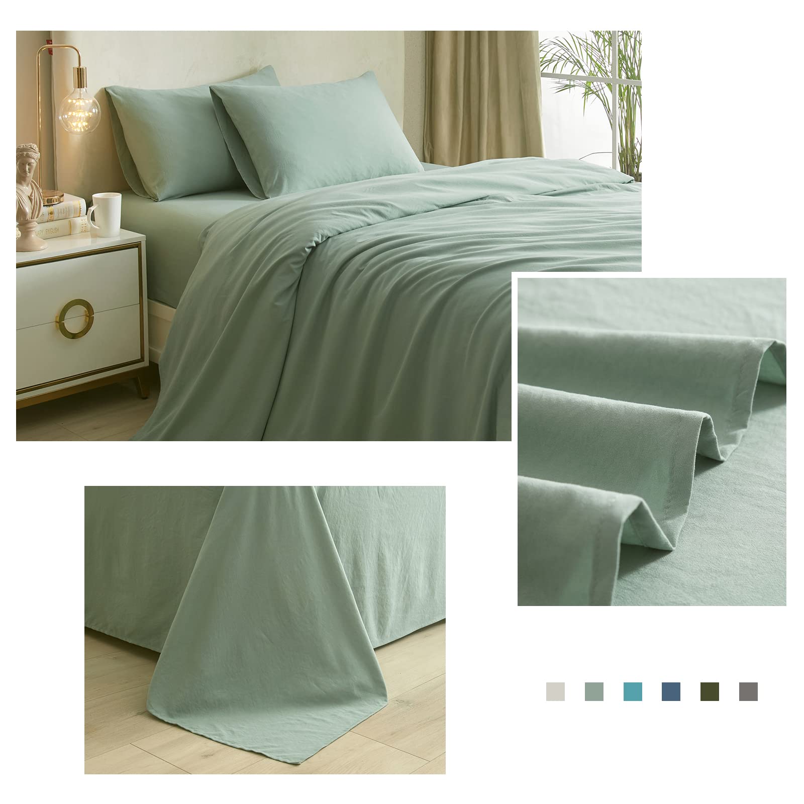 HighBuy Twin Bed Sheets Set - 3 Piece Bedding - Sage Green Washed Microfiber Sheets Twin,Breathale Sheets Shrinkage and Fade Resistant - Deep Pocket 16 Inch - Easy Fit Fitted Sheet,Pillowcases Set