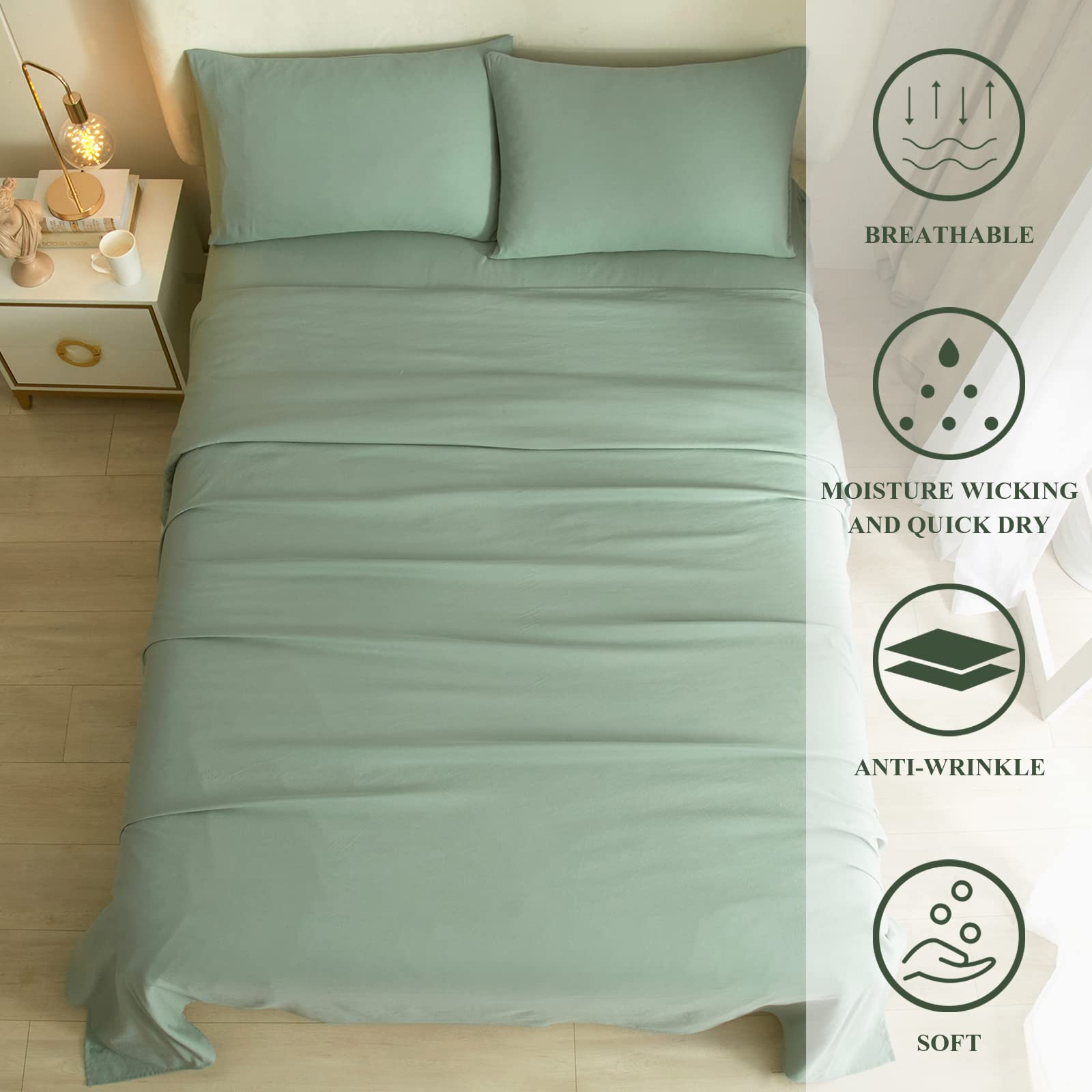 HighBuy Twin Bed Sheets Set - 3 Piece Bedding - Sage Green Washed Microfiber Sheets Twin,Breathale Sheets Shrinkage and Fade Resistant - Deep Pocket 16 Inch - Easy Fit Fitted Sheet,Pillowcases Set