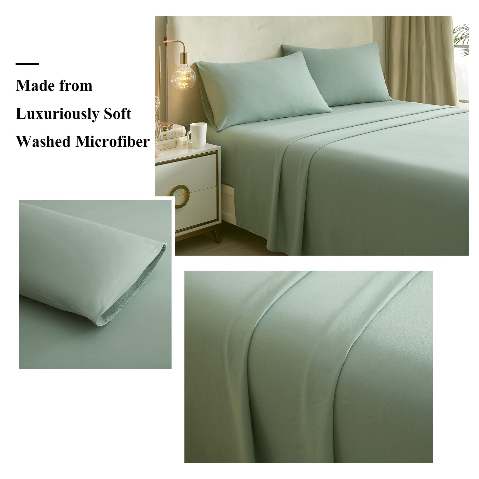 HighBuy Twin Bed Sheets Set - 3 Piece Bedding - Sage Green Washed Microfiber Sheets Twin,Breathale Sheets Shrinkage and Fade Resistant - Deep Pocket 16 Inch - Easy Fit Fitted Sheet,Pillowcases Set