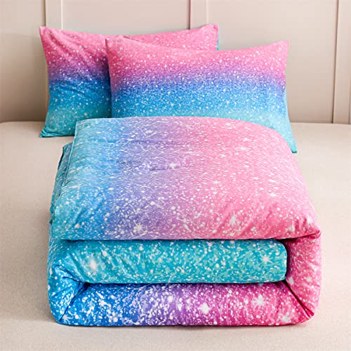 Holawakaka Kids Space Star Glitter Comforter Set Ombre Pink & Blue Print Gradient Bedding Set Twin Size (Pink Blue, Twin)