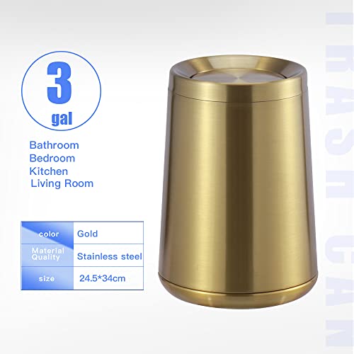 BRIEFHUMAN Household Swing Gold Bathroom Trash Can,Brushed Stainless Steel,10 L/3 Gallen,Garbage Can with Flipping Lid, for Indoor or Commercial Use, Kitchen,Modern,Living Room,Bedroom