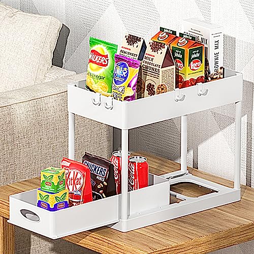 PUILUO Under Sliding Cabinet Basket Organizer, 2 Tier Under Sink Organizers White Under Sink Storage for Bathroom Kitchen