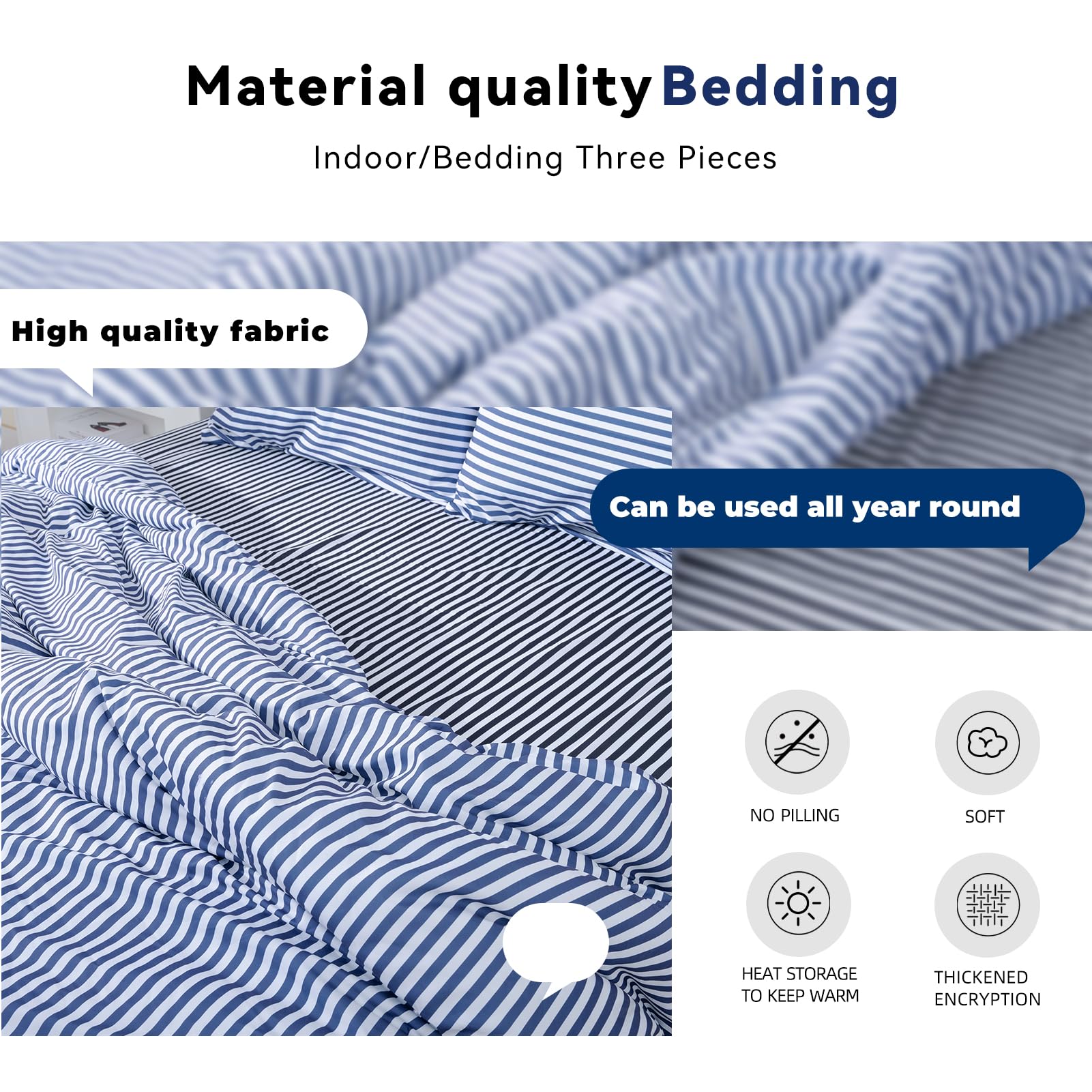 ressber Stripe Comforter Set Bedding Sets Blanket for All Season Soft and Breathable. (Full, Navy Blue)